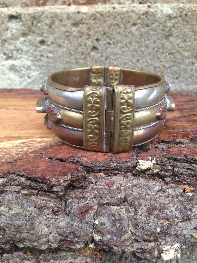 Tri-Colored Metal Turquoise and Black Onyx Hinged Tribal Bangle Bracel ...
