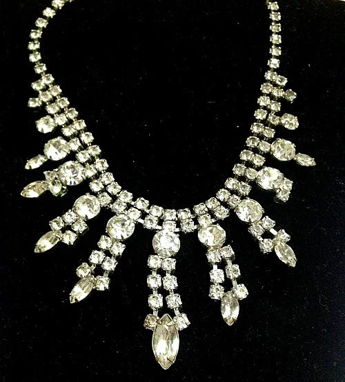 Vintage 1940's Silver Tone Bib Clear Rhinestone Necklace – Hers and His ...