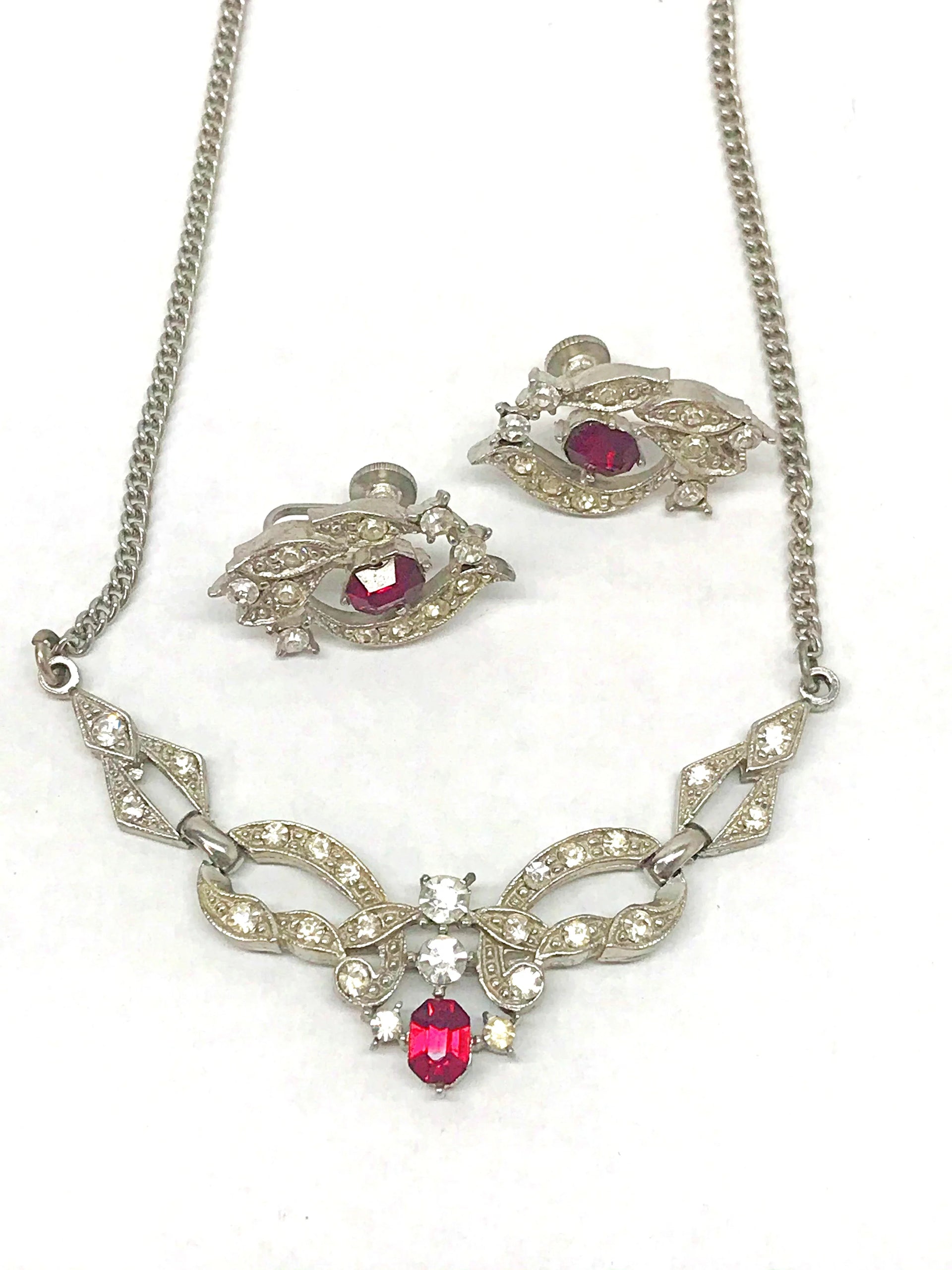 Mid-Century Red and Clear Rhinestone Necklace and Earring Set – Hers ...