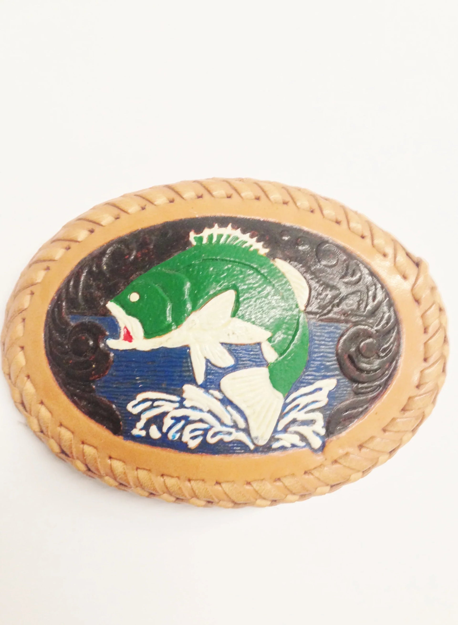 Leather Tooled And Painted Bass Fish Belt Buckle – Hers and His Treasures