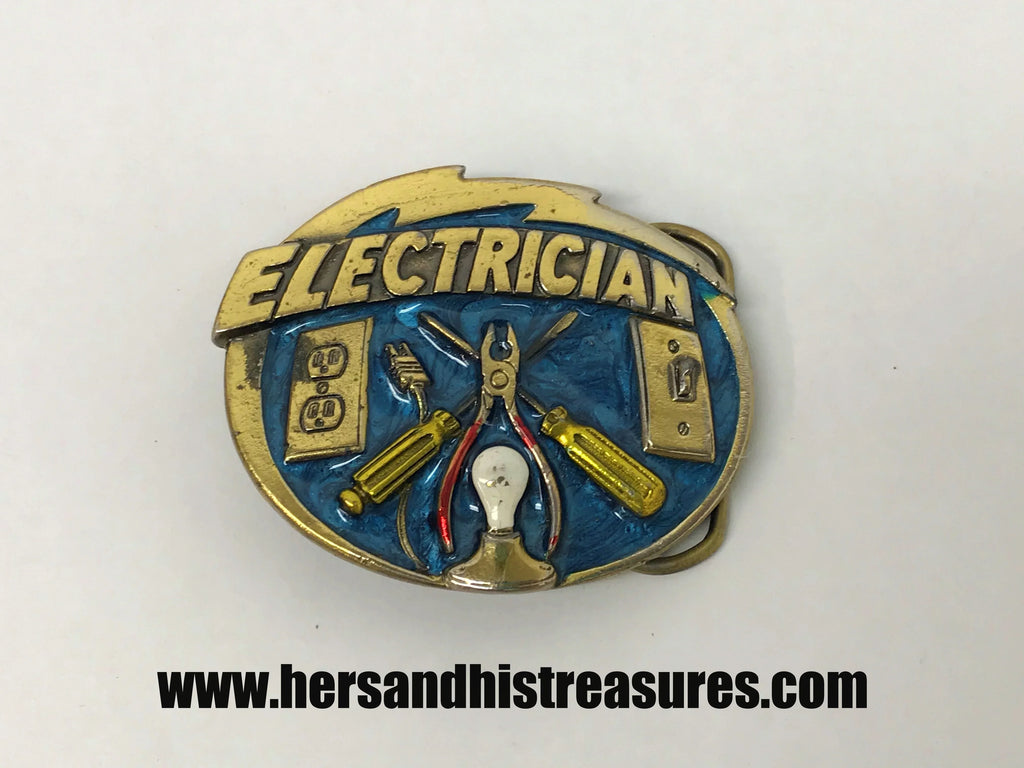 1982 Enamel and Brass Electrician Belt Buckle USA – Hers and His Treasures